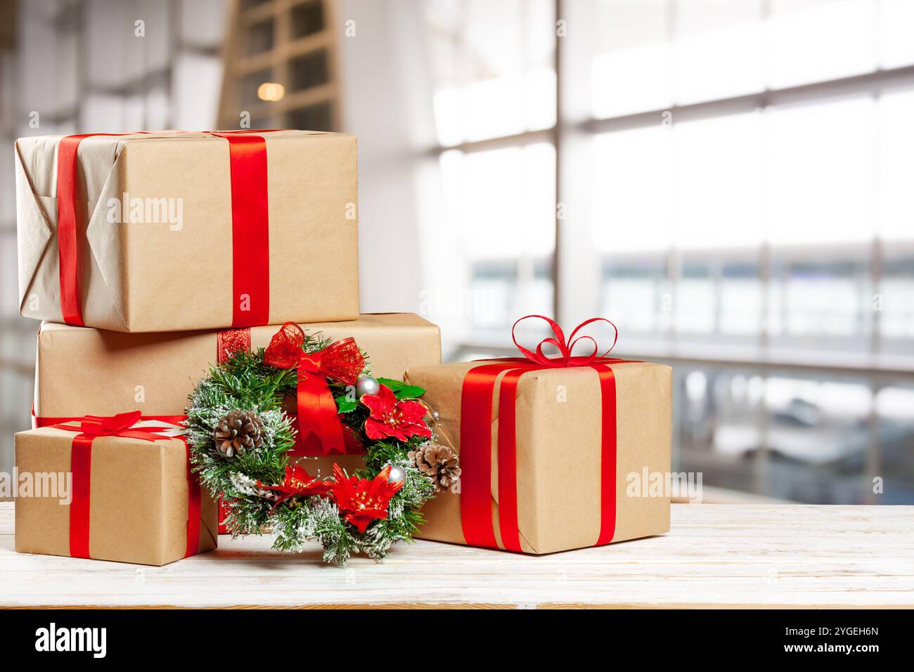 pile of gifts on the old table Stock Photo - Alamy