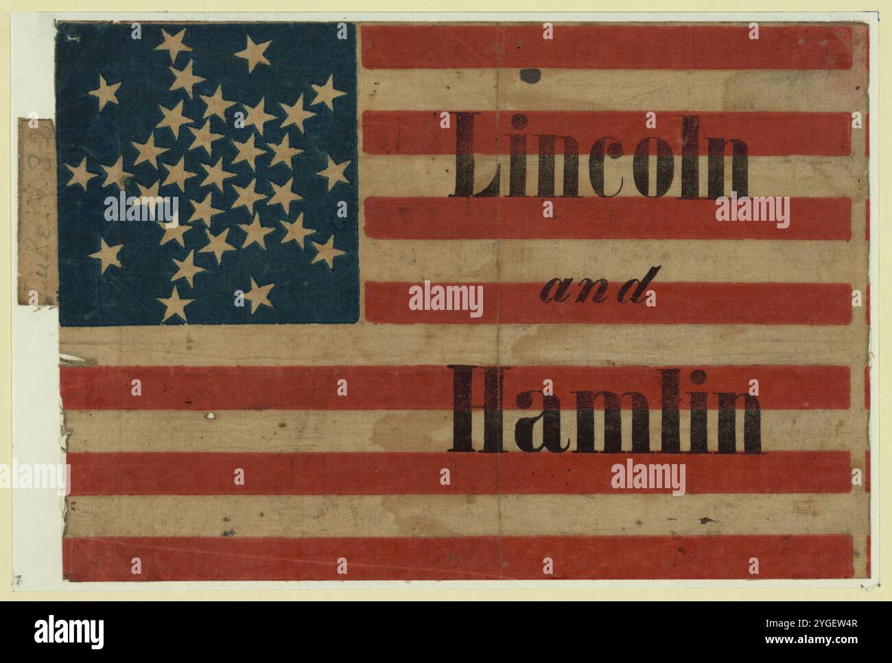 Print shows a small campaign banner consisting of an American flag ...