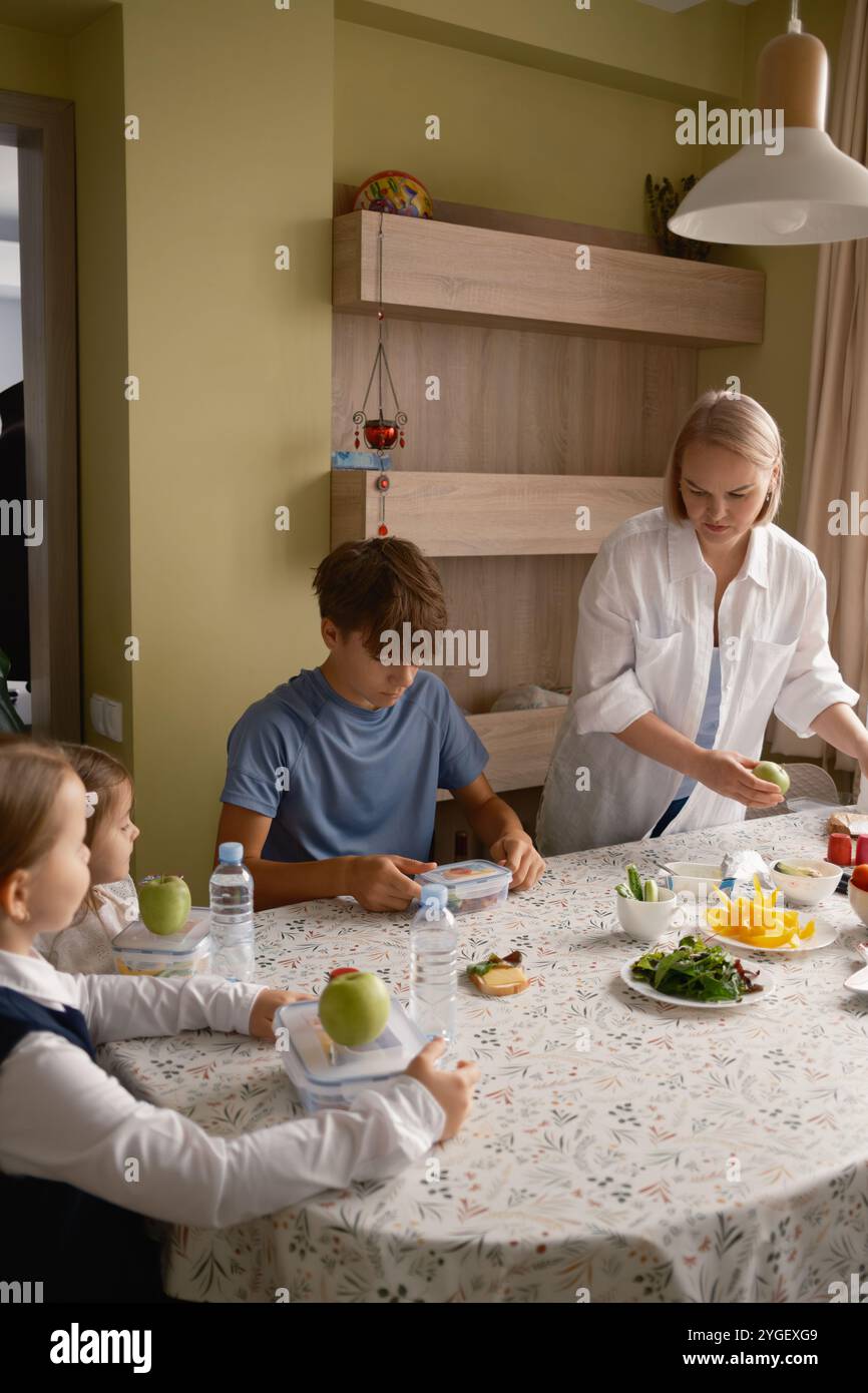 Mother and children preparing healthy school lunches at home Stock ...
