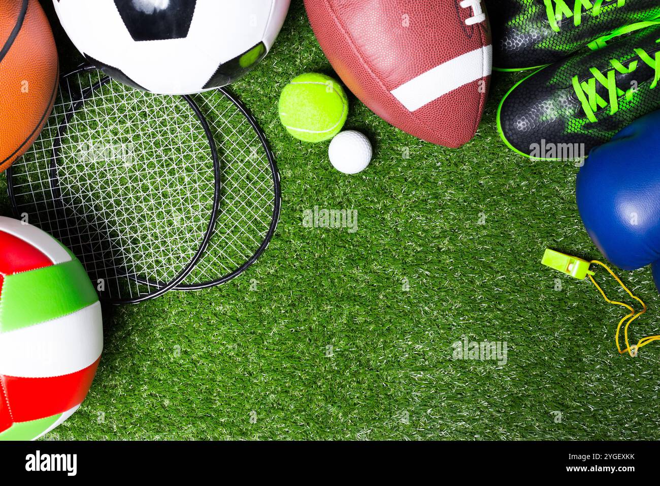 Various sport tools on grass Stock Photo - Alamy