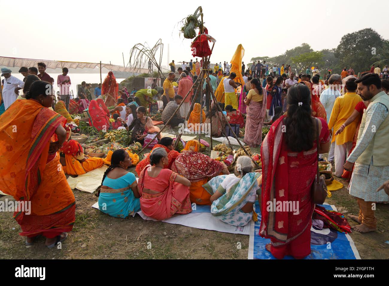 Kolkata, India - Nov 7, 2024: Hindu devotees gathered along the Hooghly ...