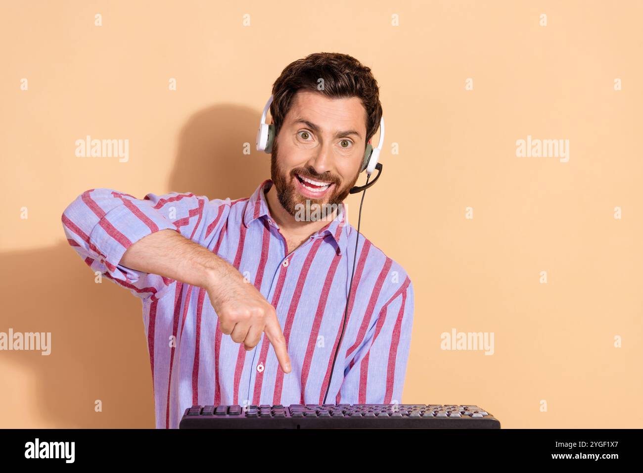 Portrait photo of nerd geek professional programmer man click button ...