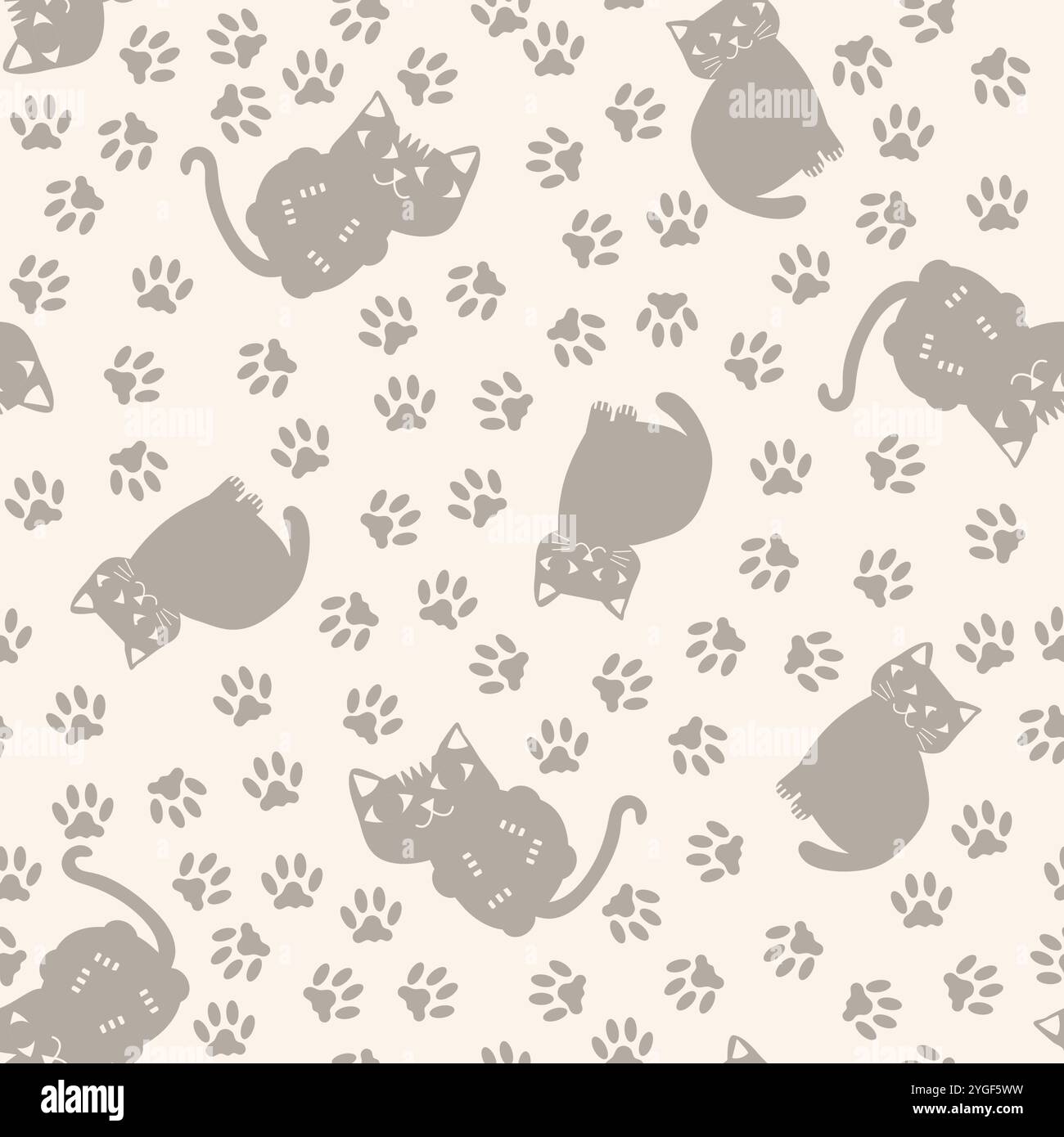 Cat and paw neutral seamless vector pattern background. Backdrop with ...