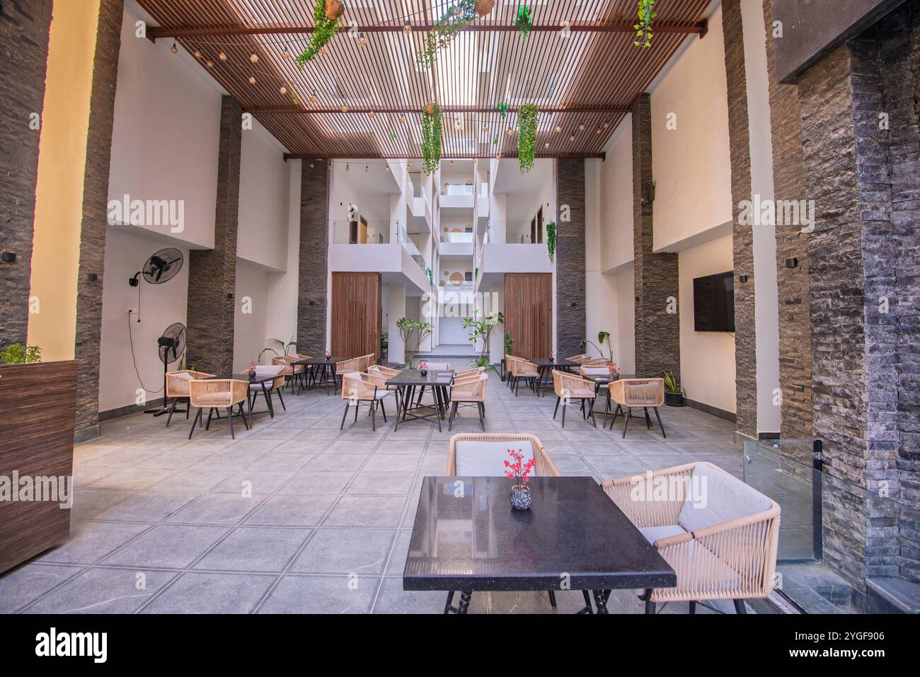 Outdoor patio terrace area of restaurant bar in luxury apartment ...