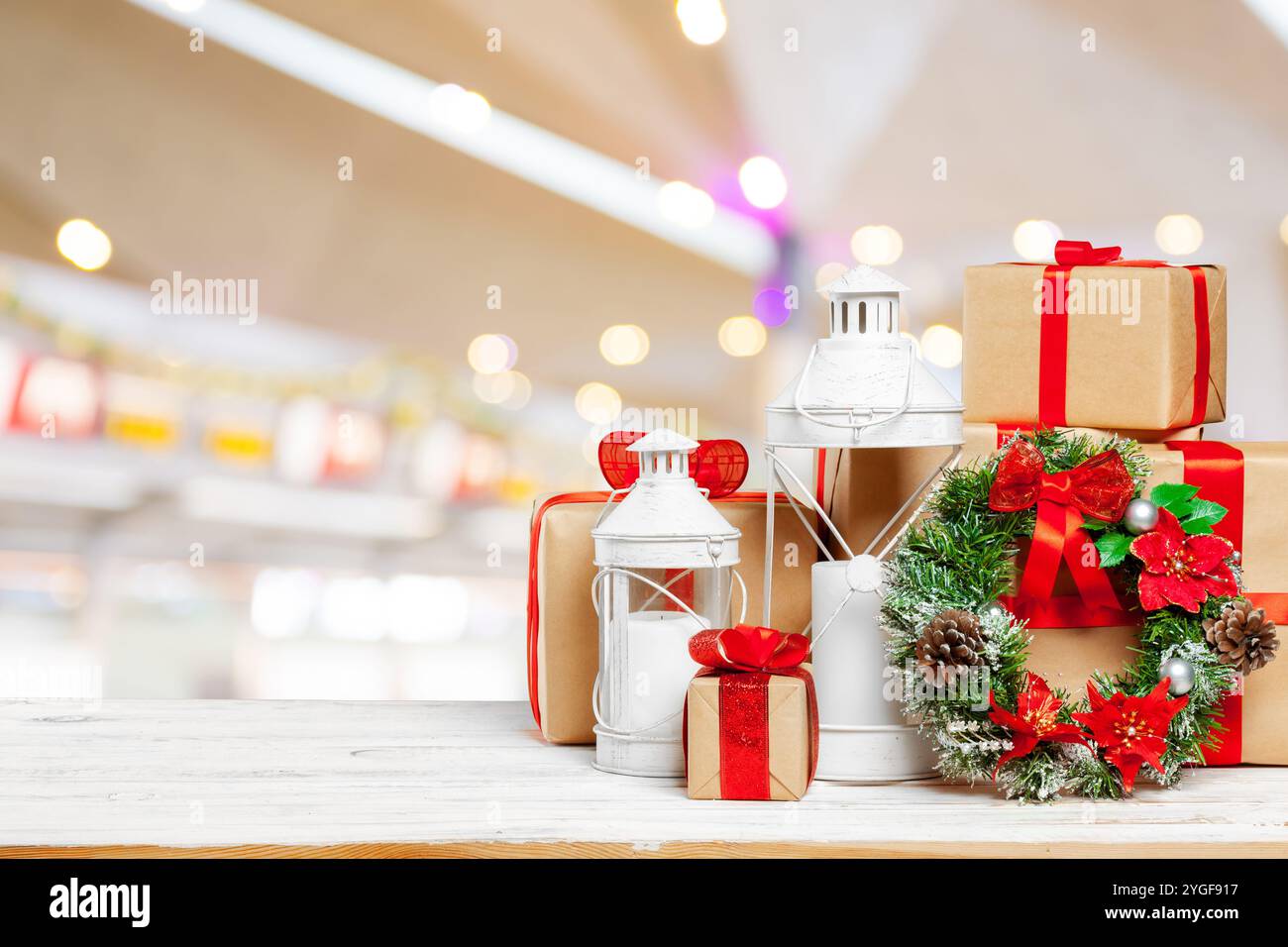 pile of gifts on the old table Stock Photo - Alamy