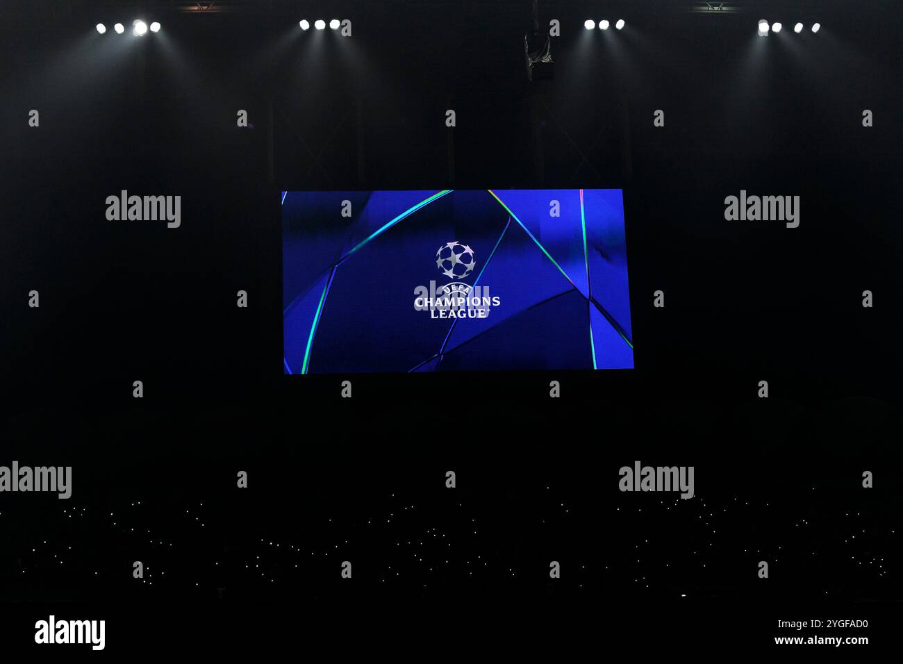 The champions league logo is seen on the stadium screen during the UEFA ...