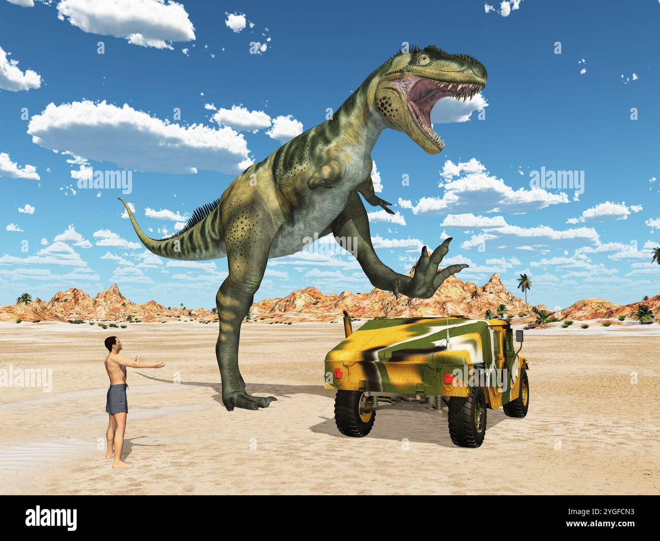 Dinosaur Bistahieversor attacks an off road vehicle Stock Photo - Alamy