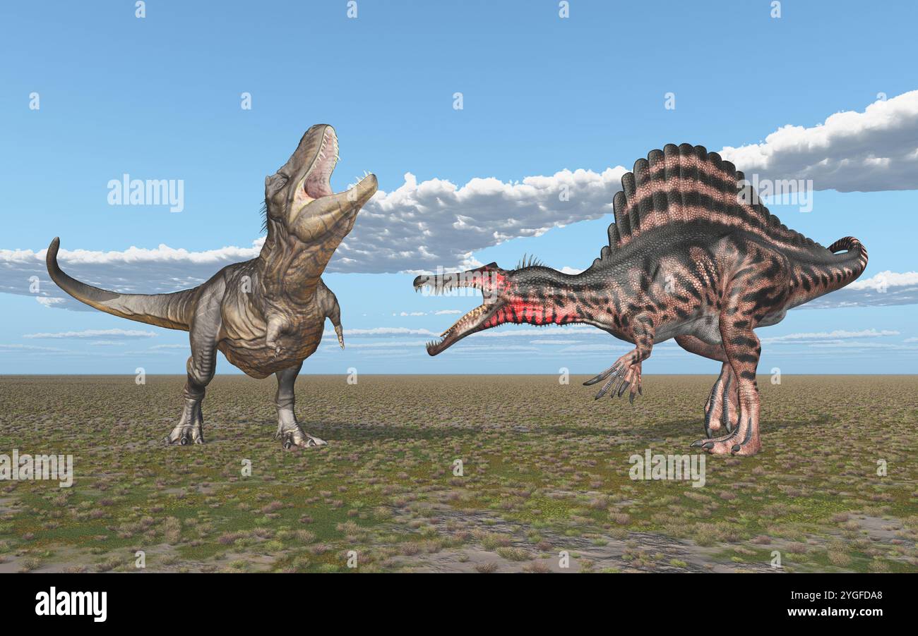 The dinosaurs Tyrannosaurus Rex and Spinosaurus fighting in a landscape ...