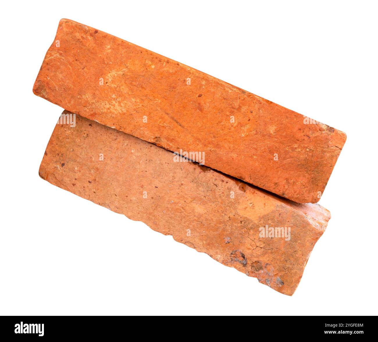 Top view of old red or orange bricks in stack are isolated on white ...
