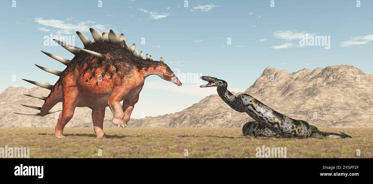 Dinosaur Kentrosaurus and giant snake Titanoboa Stock Photo - Alamy