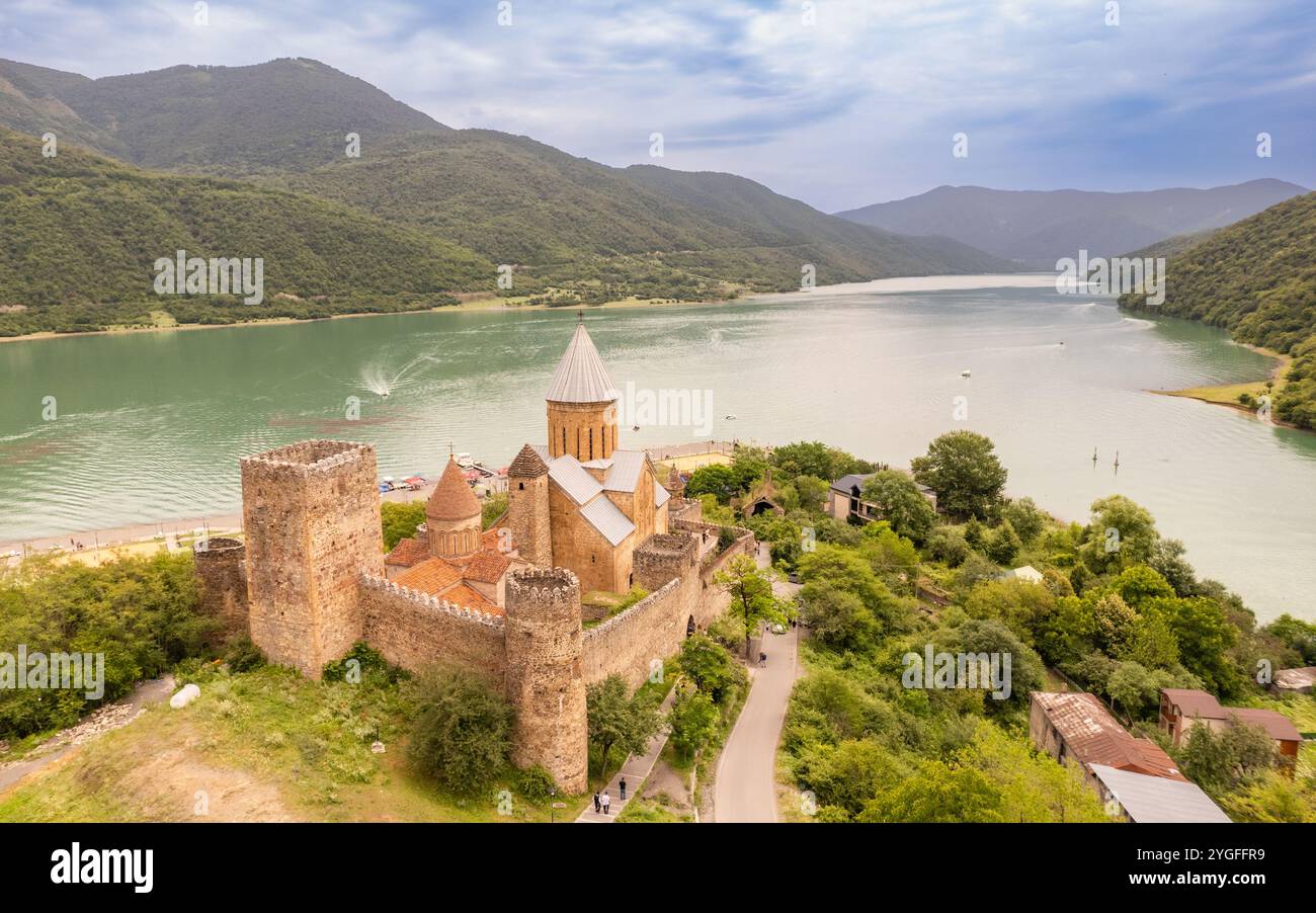 Aerial top view of Ananuri Fortress Complex on Aragvi River. Castle ...