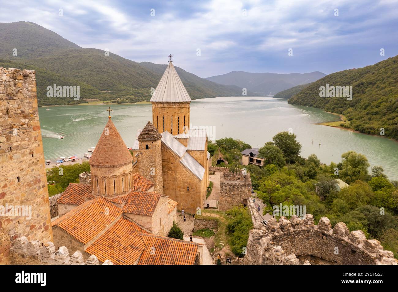 Aerial top view of Ananuri Fortress Complex on Aragvi River. Castle ...