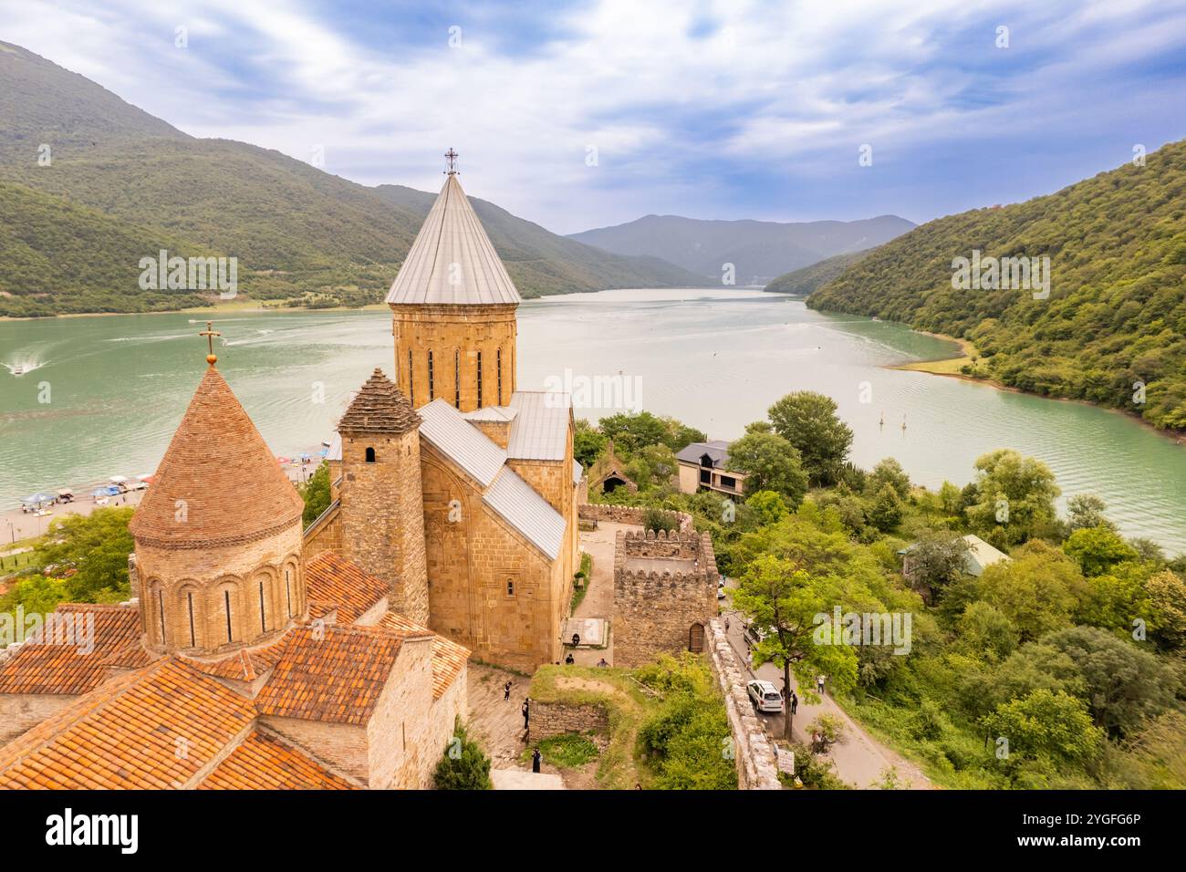 Aerial top view of Ananuri Fortress Complex on Aragvi River. Castle ...