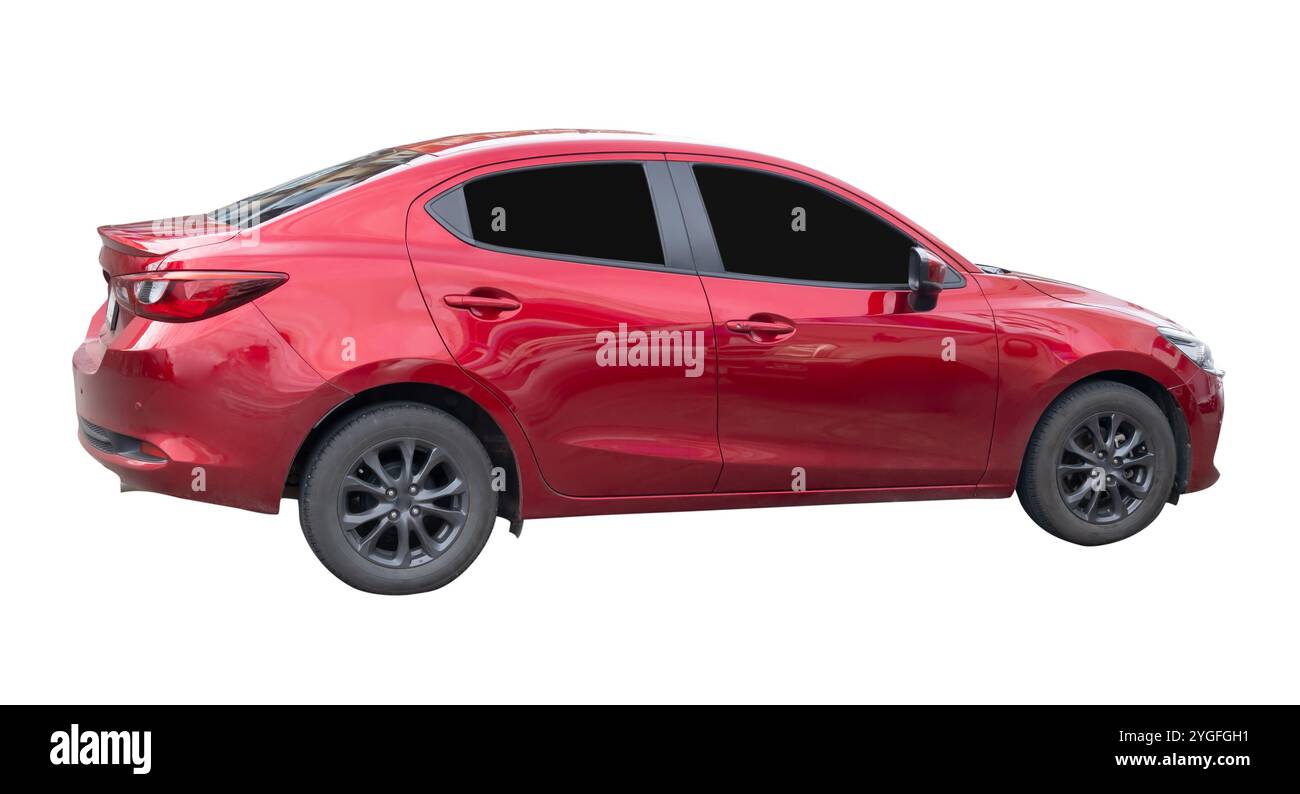 Side view of red sedan sports car is isolated on white background with ...