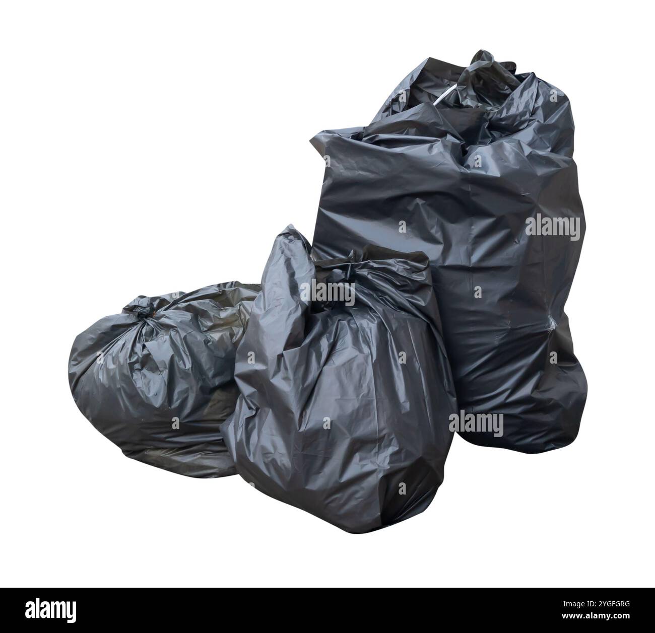 Front view of garbage in black plastic bag at garbage dump is isolated ...