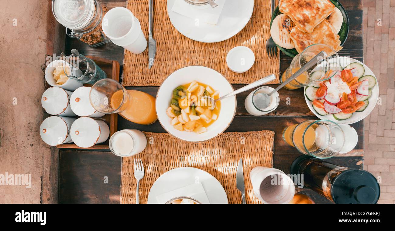 Delicious traditional Moroccan cuisine, breakfast meal, outdoors in a ...