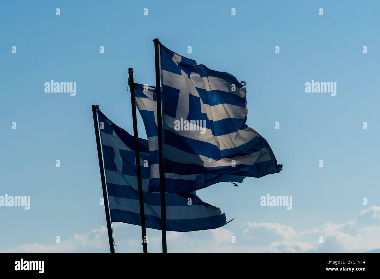 Morning Glory: Three Greek Flags Waving Against Clear Blue Sky Stock ...