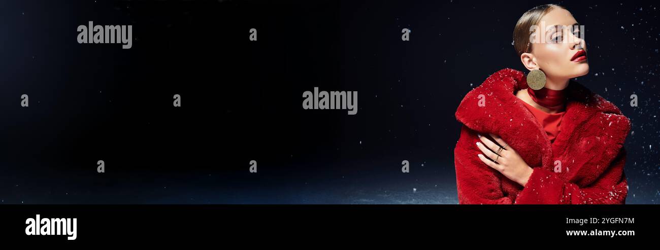 A glamorous young woman poses elegantly in her stylish red outfit ...