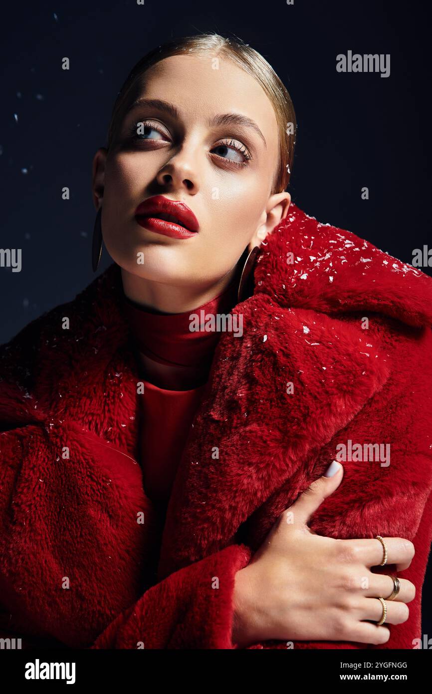 The striking beauty exudes confidence while adorned in a rich red coat ...