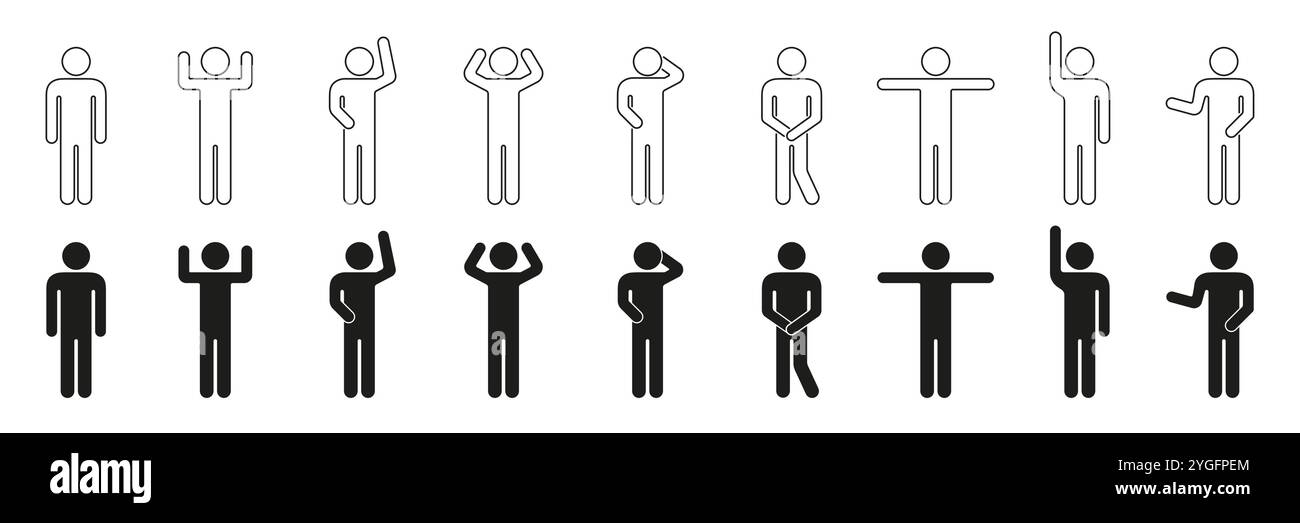 Man Figure Line and Silhouette Icon Set in Various Poses. Stick Figure ...