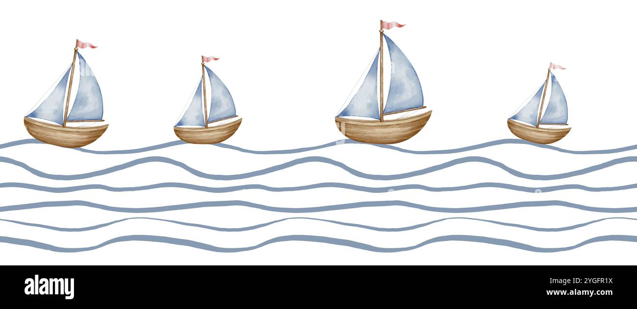 Ship is sailing on the waves for baby. Watercolor illustration of ...