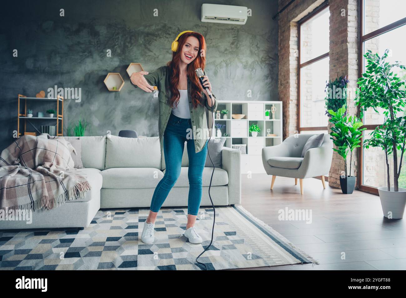 Full body photo of nice young ginger girl headphones sing karaoke wear ...