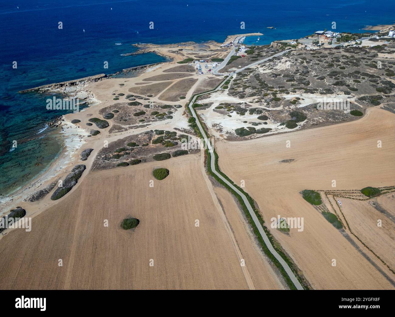 Aerial view of Agios Georgios (St Georges) harbour, Akamas, Paphos ...