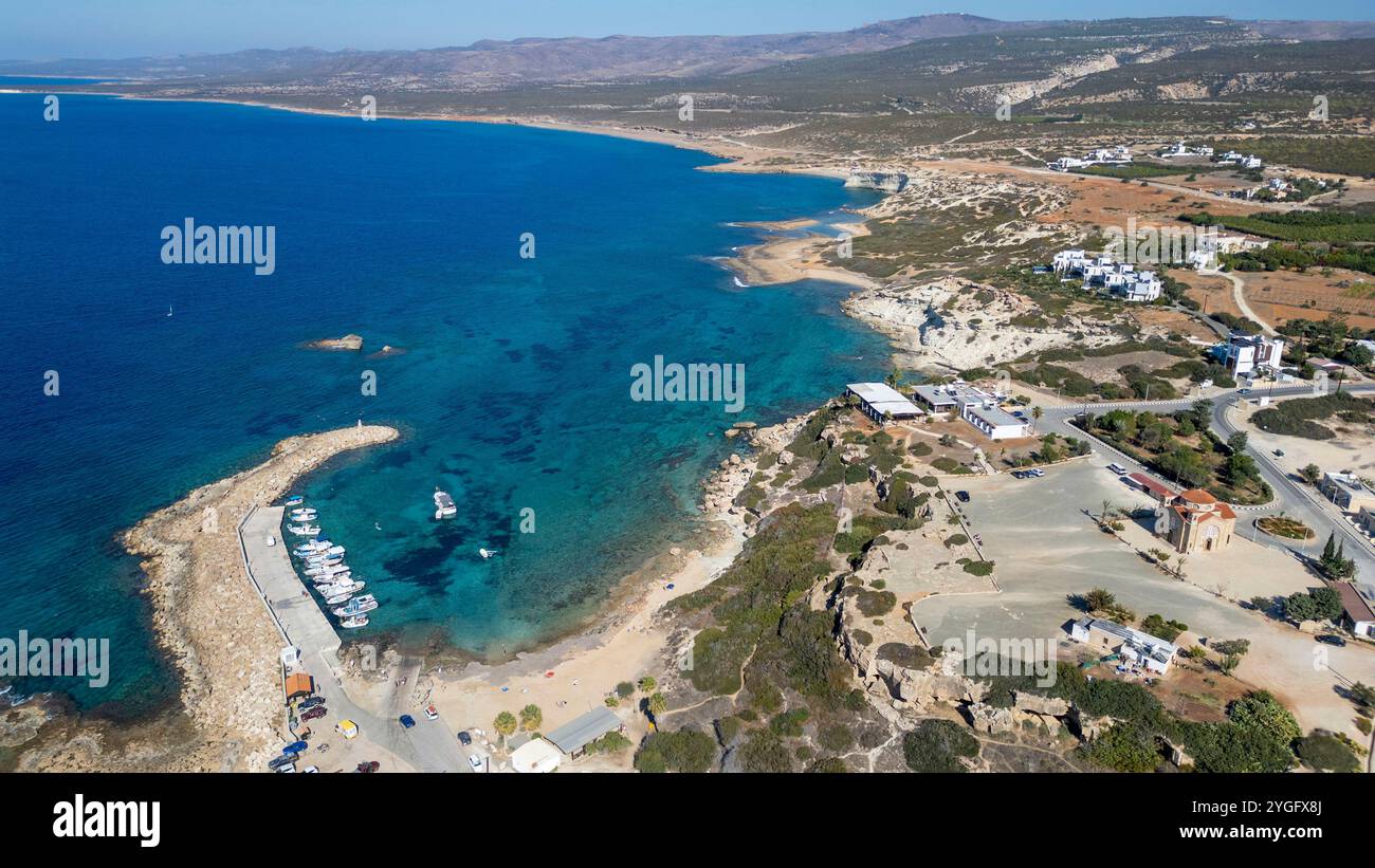 Aerial view of Agios Georgios (St Georges) harbour, Akamas, Paphos ...
