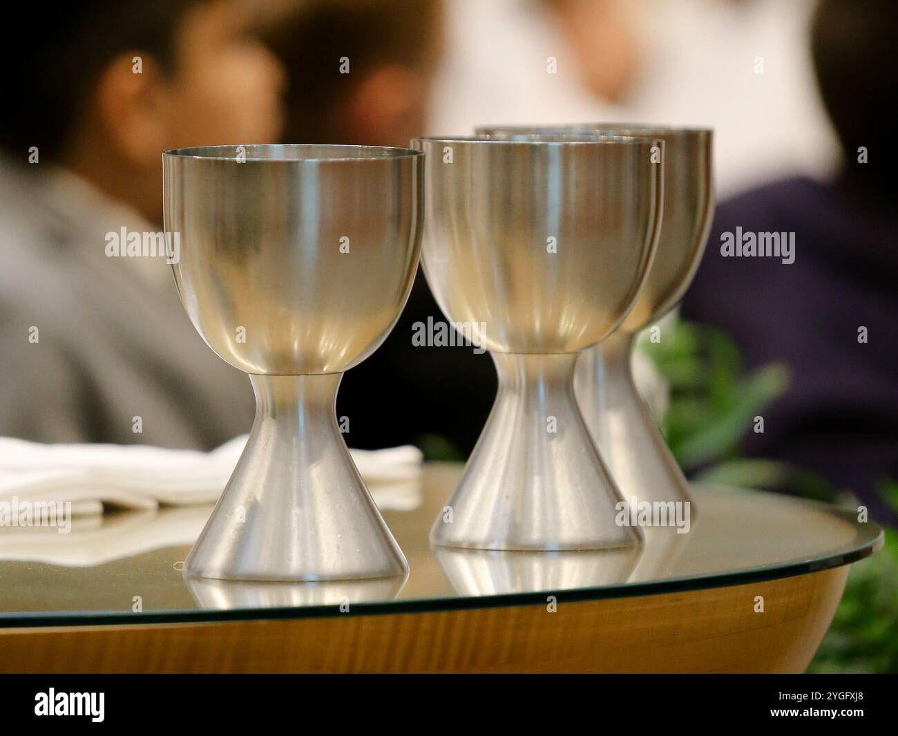 Catholic Church Eucharistic wine chalices glasses on altar Stock Photo ...