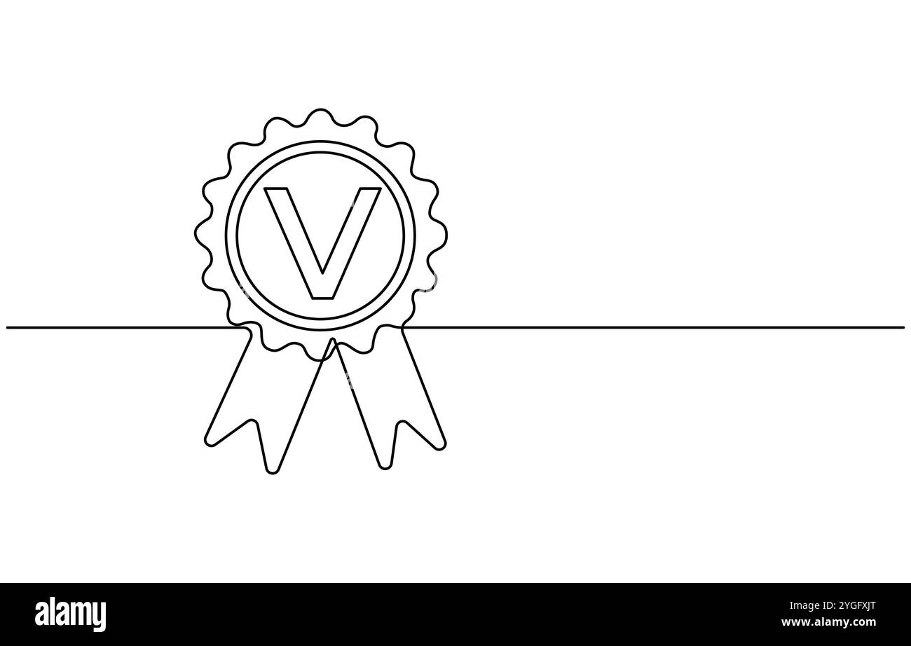 Award badge continuous line art drawn. Approval check sign. Certificate ...
