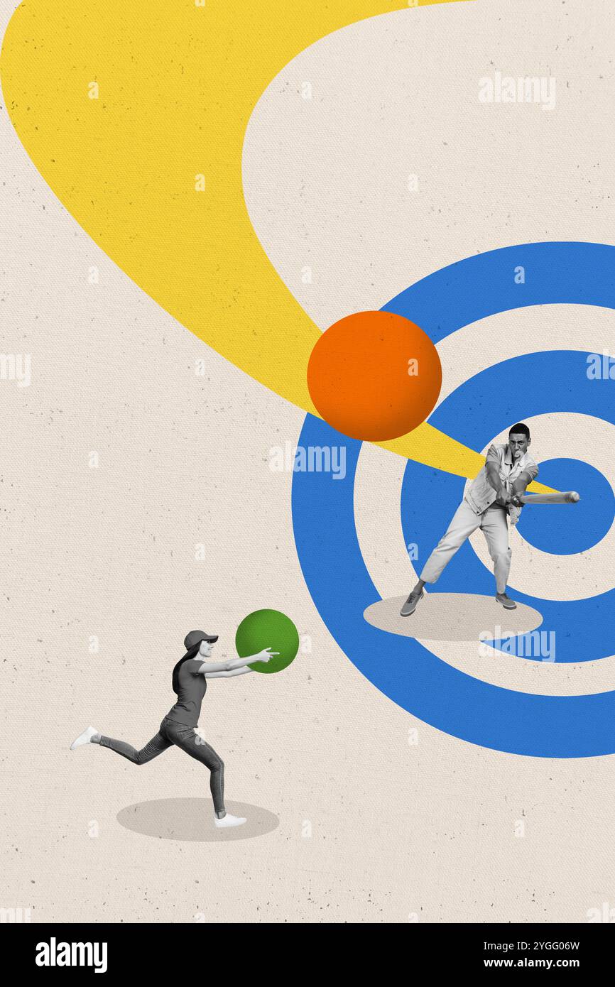 Vertical photo collage of happy business partners girl guy development ...