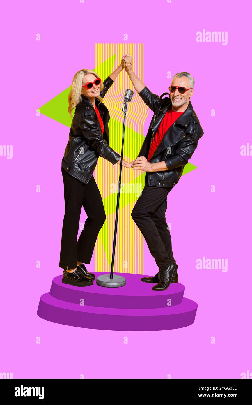 Vertical collage elder man woman couple singers performance karaoke ...