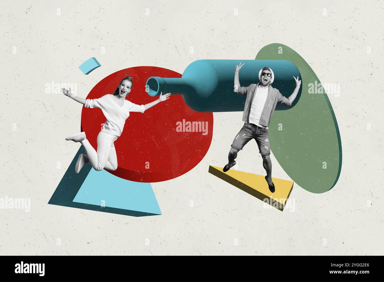 Creative collage picture young man woman party entertainment leisure 3d ...