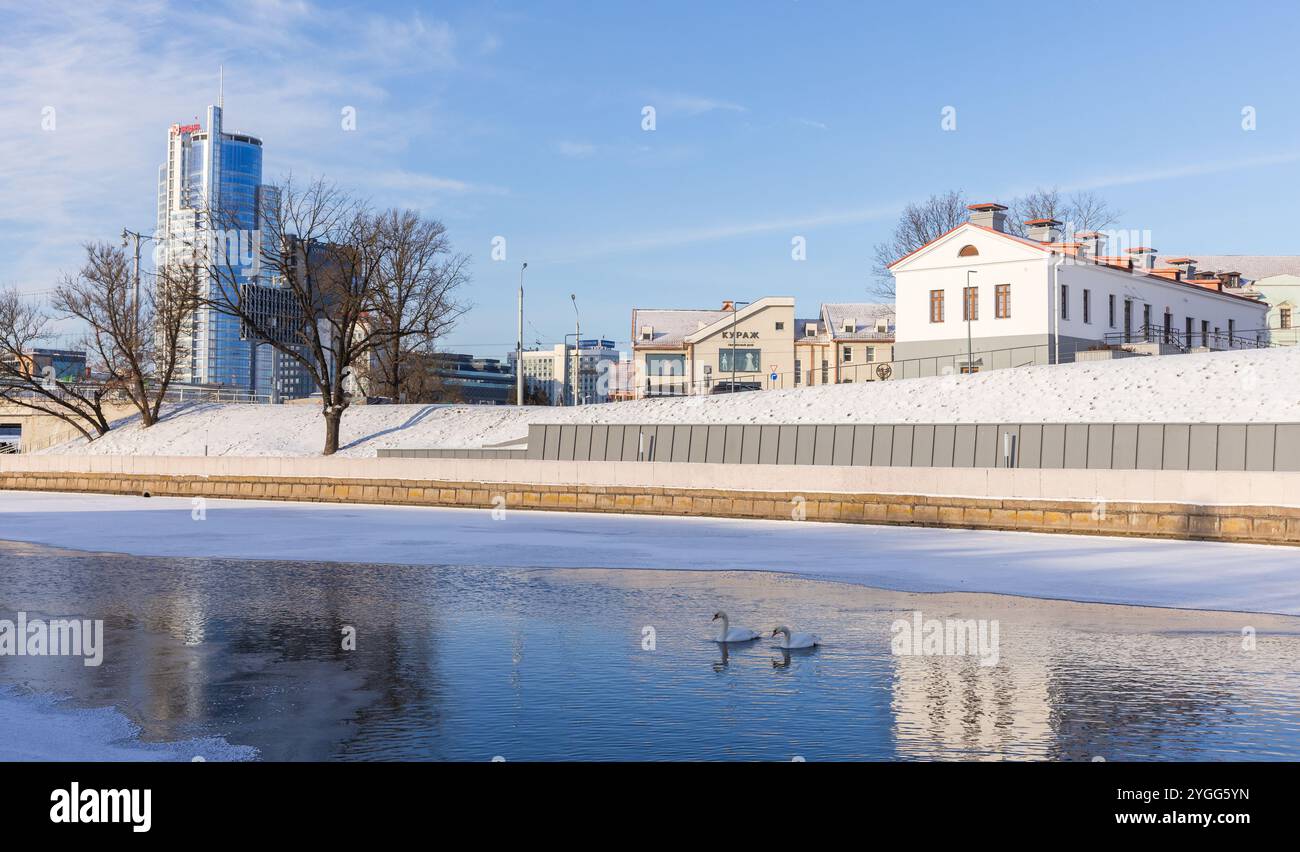 Minsk, Belarus - January 7, 2024: Panoramic cityscape with Svislach ...