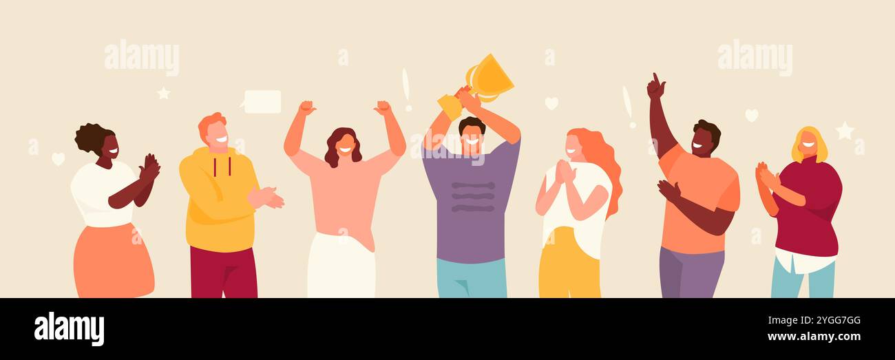 Happy people winners with a cup. Success and teamwork vector ...