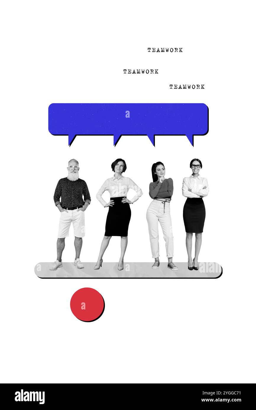 Collage art graphics illustration of four colleagues communicating ...