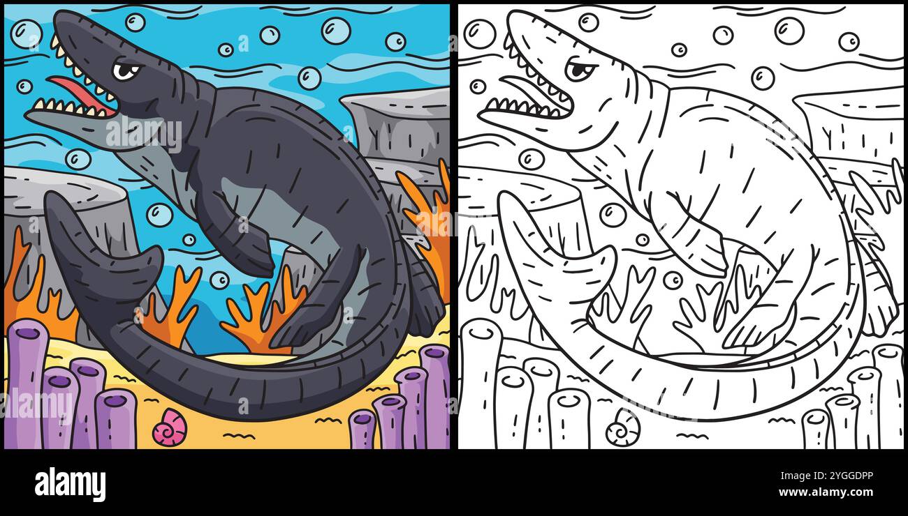 Dinosaur Mosasaurus Coloring Page Illustration Stock Vector Image & Art ...
