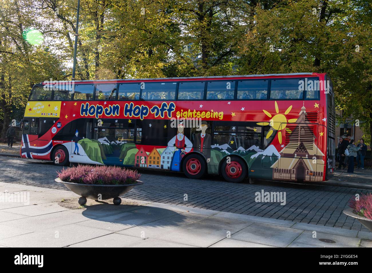 An Oslo tourist sightseeing bus at one of Oslo’s main stopping points ...