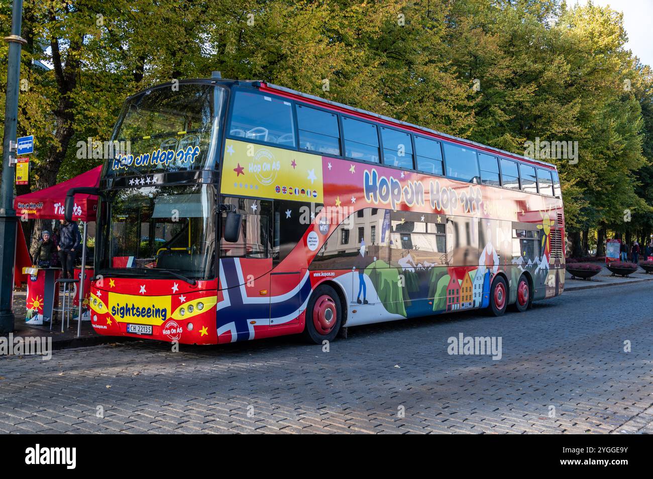 An Oslo tourist sightseeing bus at one of Oslo’s main stopping points ...