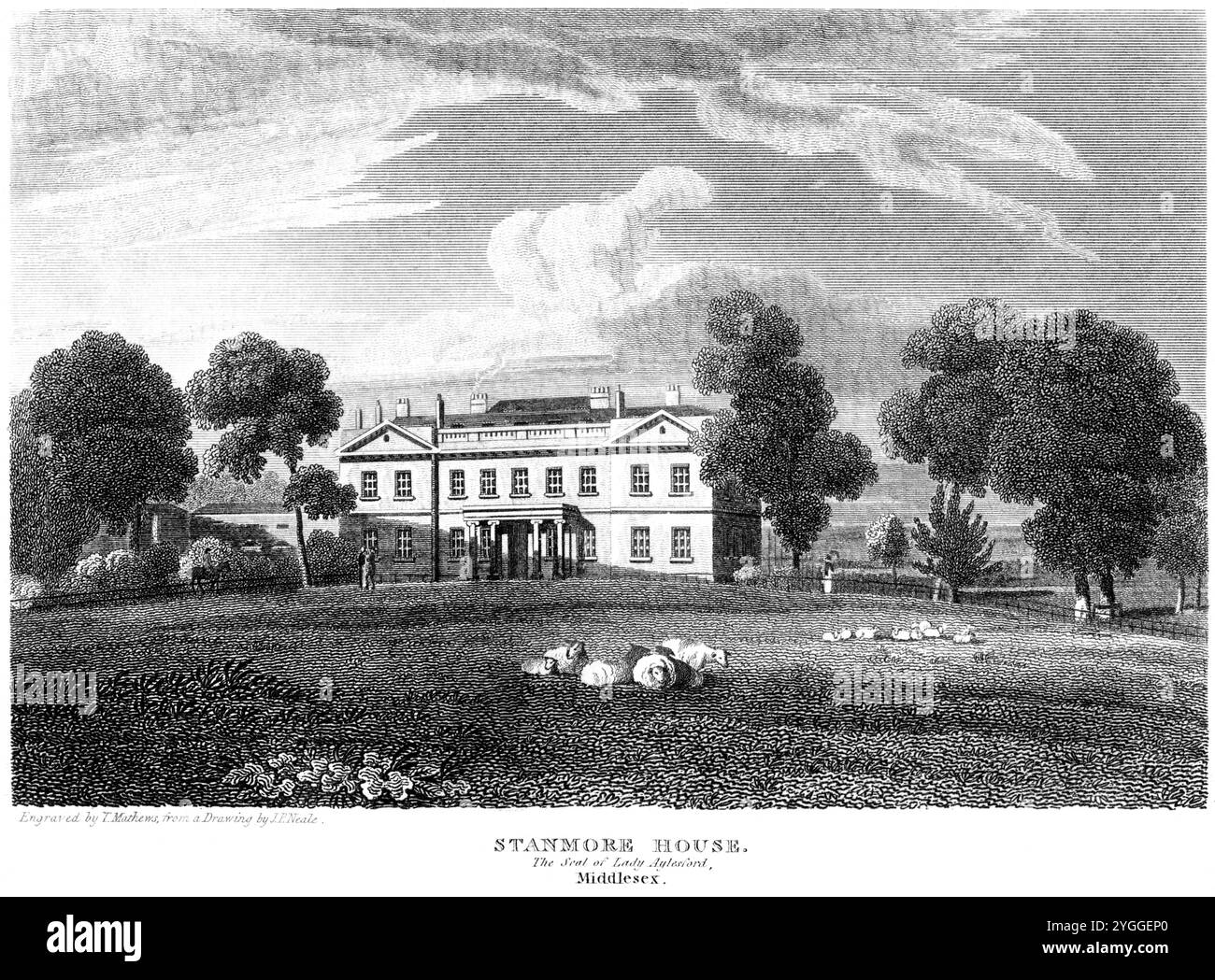 An engraving of Stanmore House, The Seat of Lady Aylesford, Middlesex ...