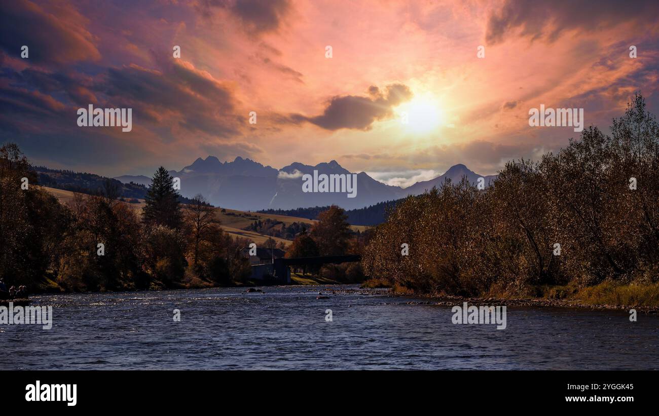 Breathtaking landscape of Dunajec River gorge under colorful sunrise ...