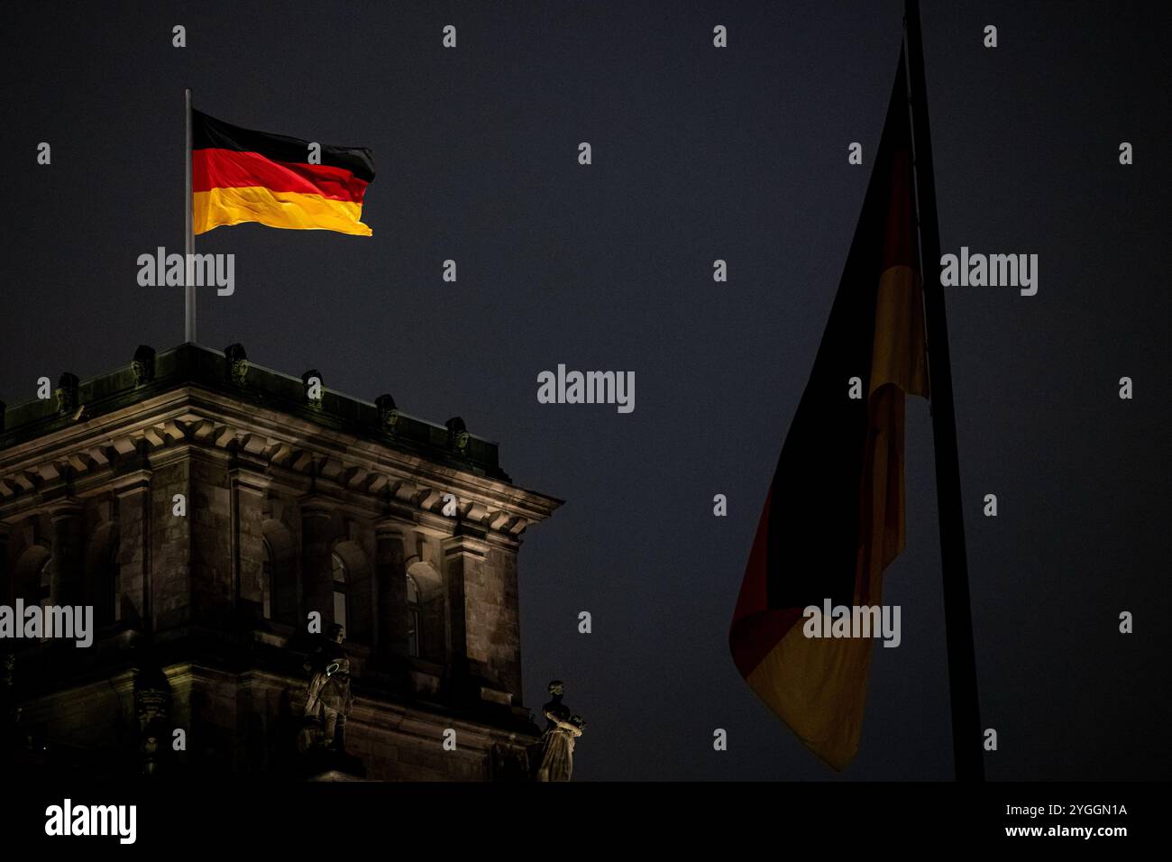 Berlin, Germany. 07th Nov, 2024. A German flag is illuminated on the ...