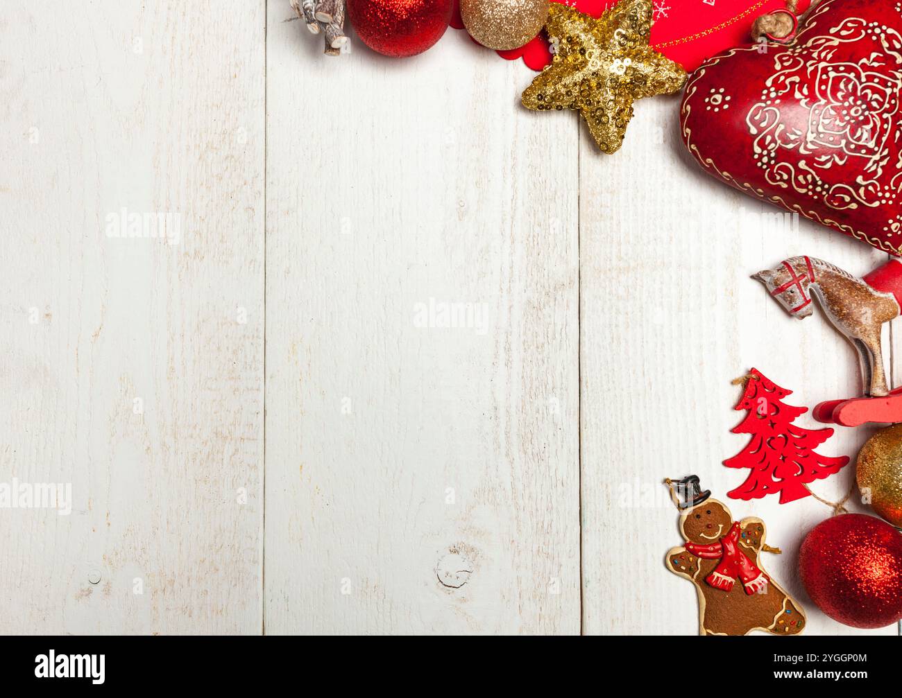 Christmas frame on rustic white wood background and decorative objects ...