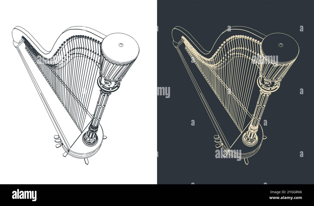 Stylized vector illustrations of harp. Traditional classical instrument ...