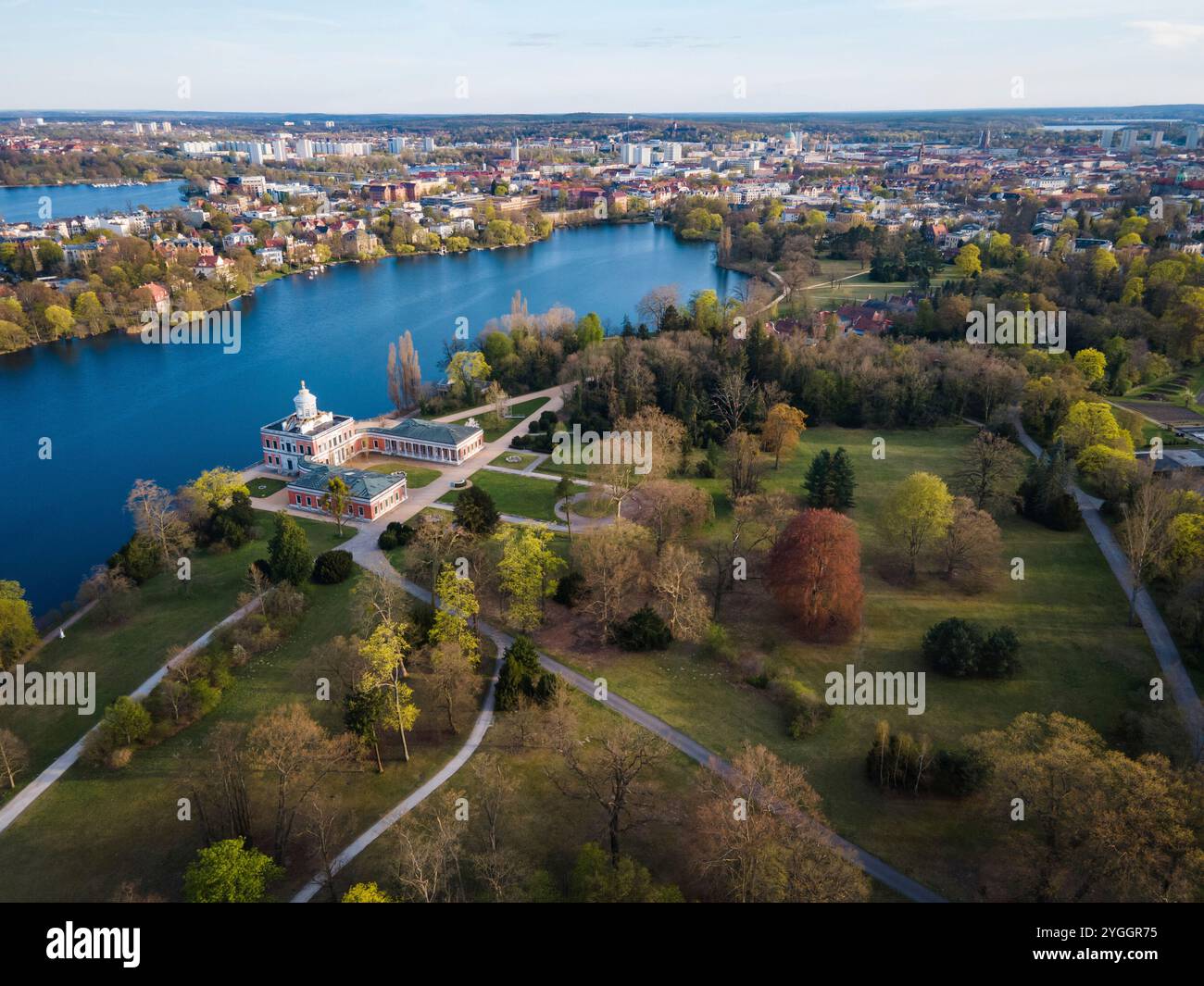 Beautiful top view of Mamorpalais, New Garden and lake Heiliger See in ...