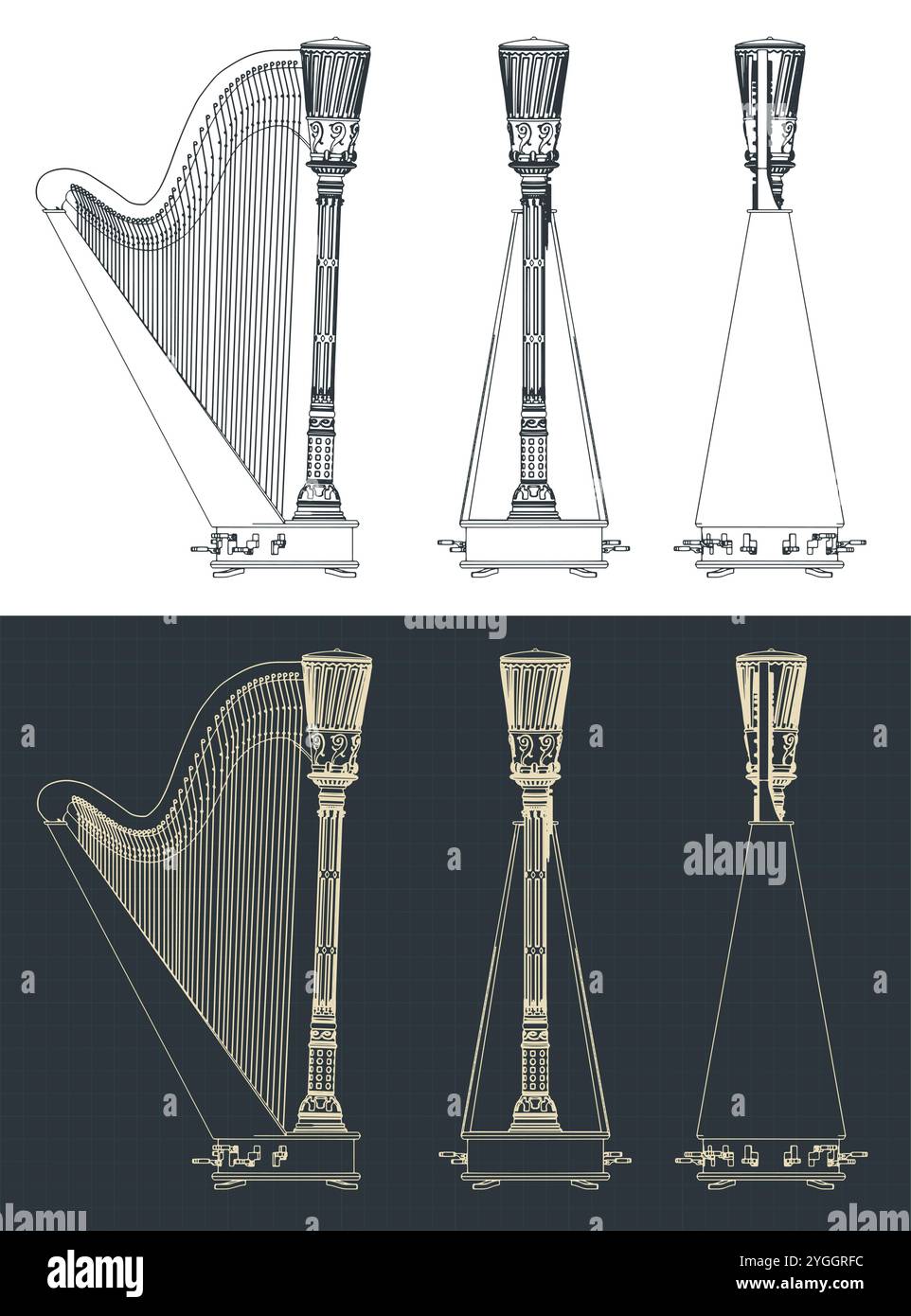 Stylized vector illustrations of harp blueprints. Traditional classical ...