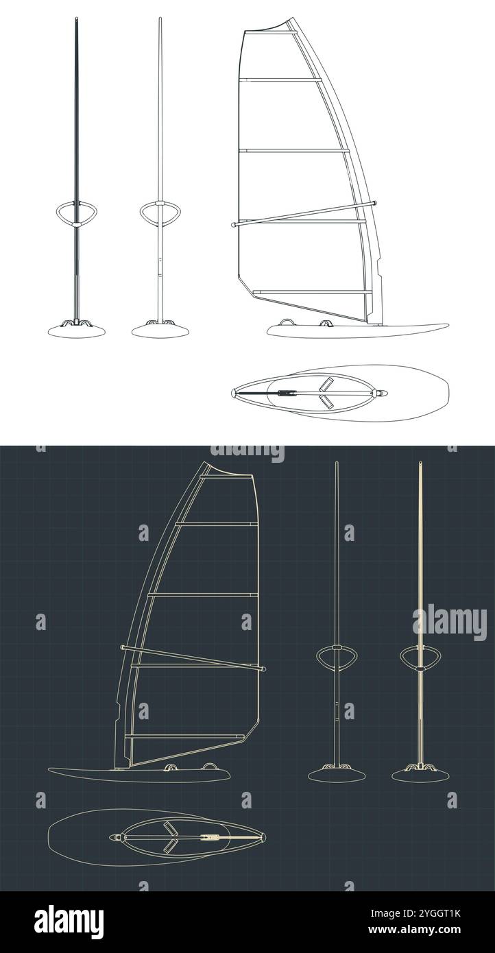 Stylized vector illustrations of a windsurfing board blueprints Stock ...