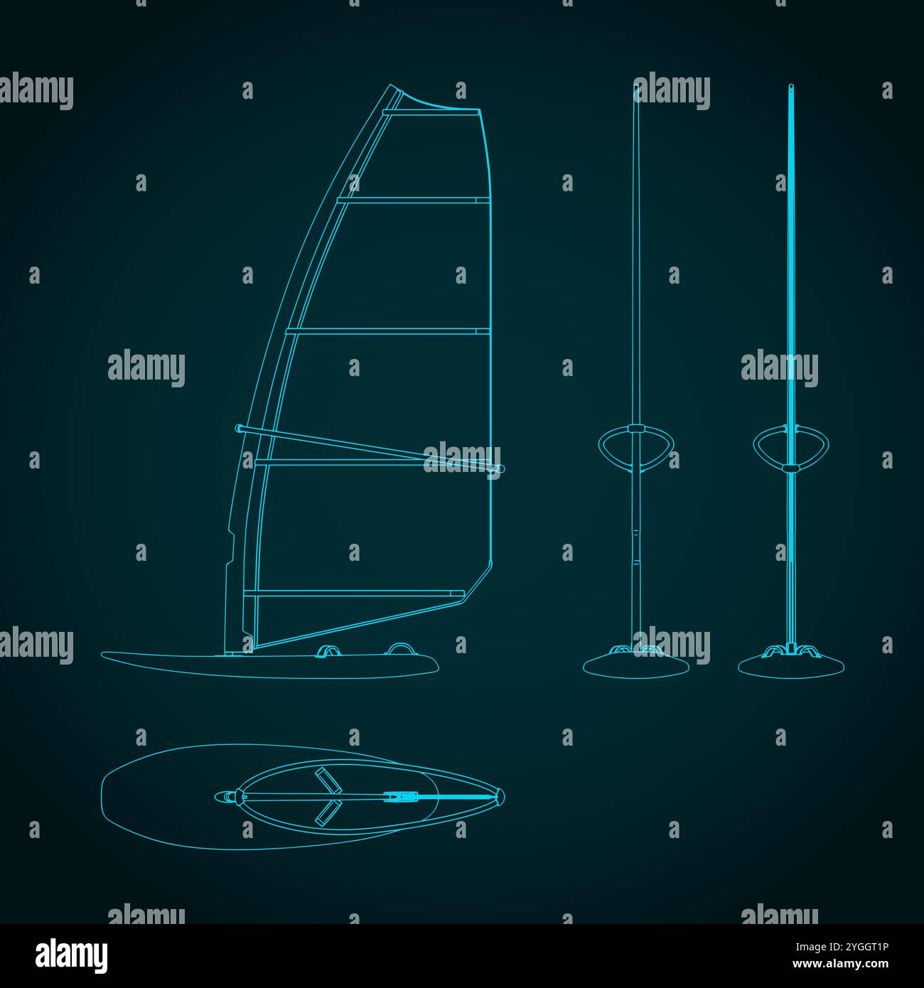 Stylized vector illustration of a windsurfing board blueprints Stock ...