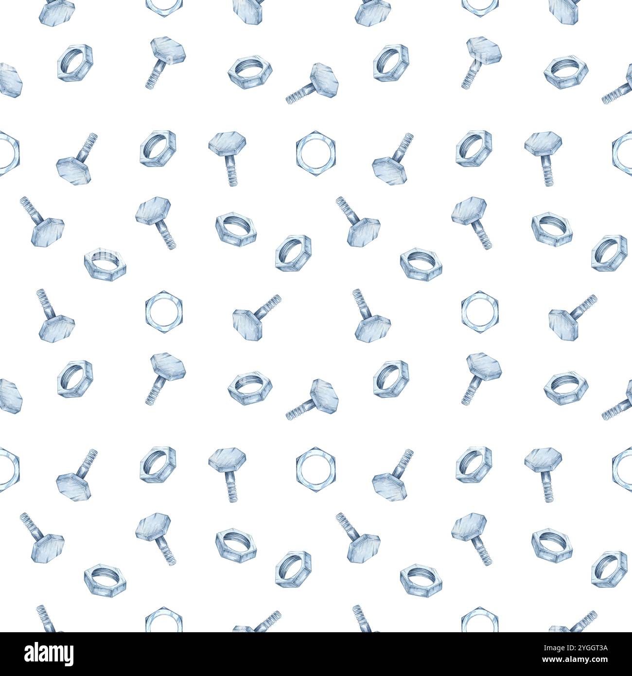 Watercolor nuts, bolts, and small screws in a soft blue-gray palette ...