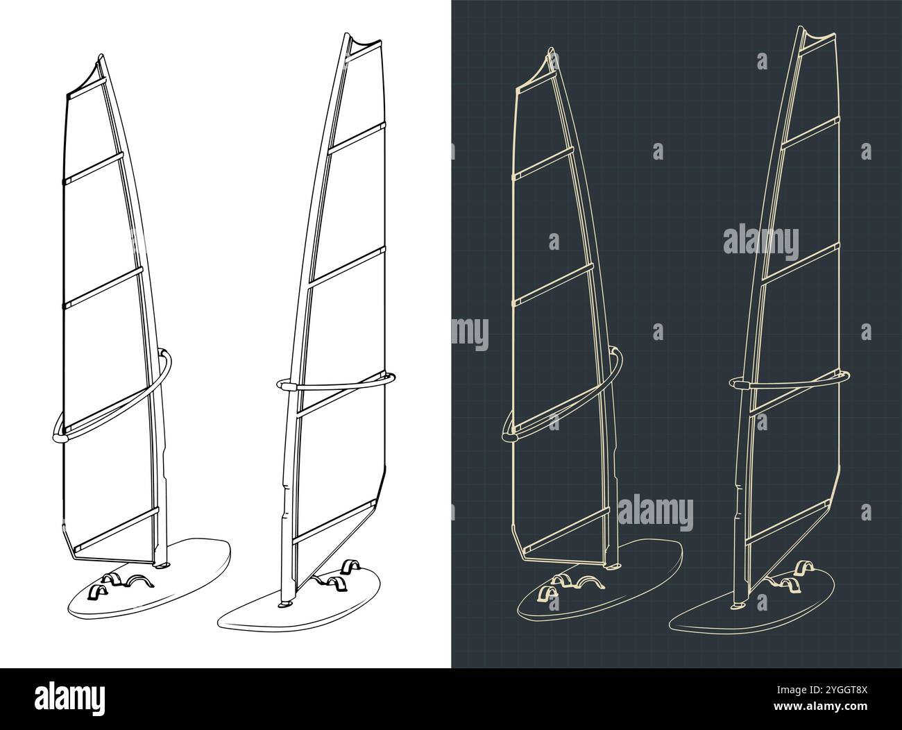 Stylized vector illustrations of a windsurfing board isometric ...